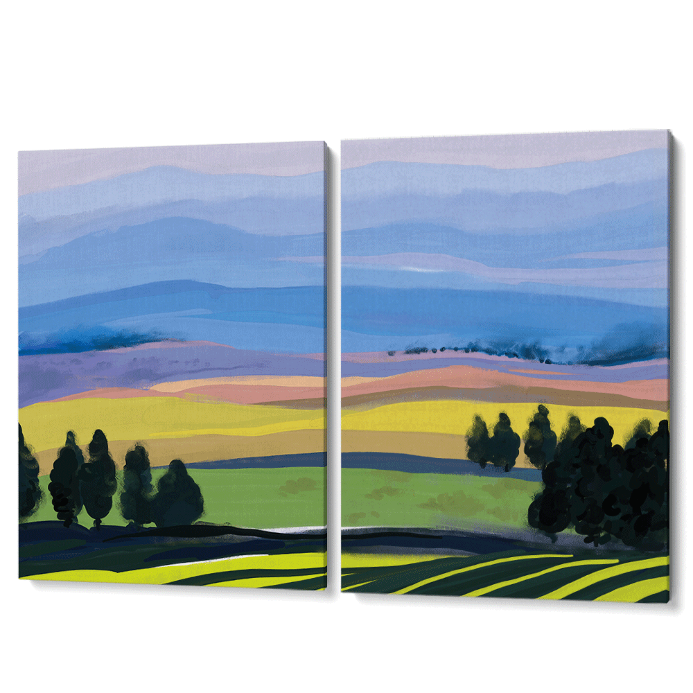 Landscape Painting Set of 2 Poster, Vibrant Countryside Split Canvas ...