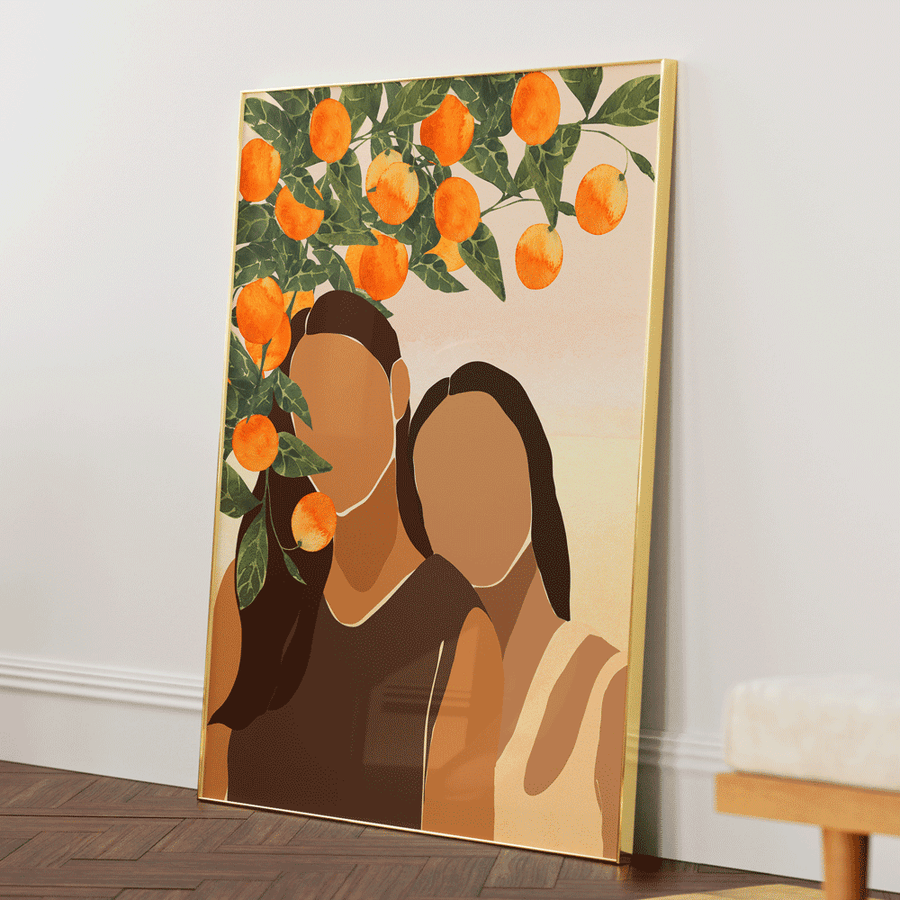 Boho Wall Art Print of Two Women Under Orange Tree, Female Empowerment ...
